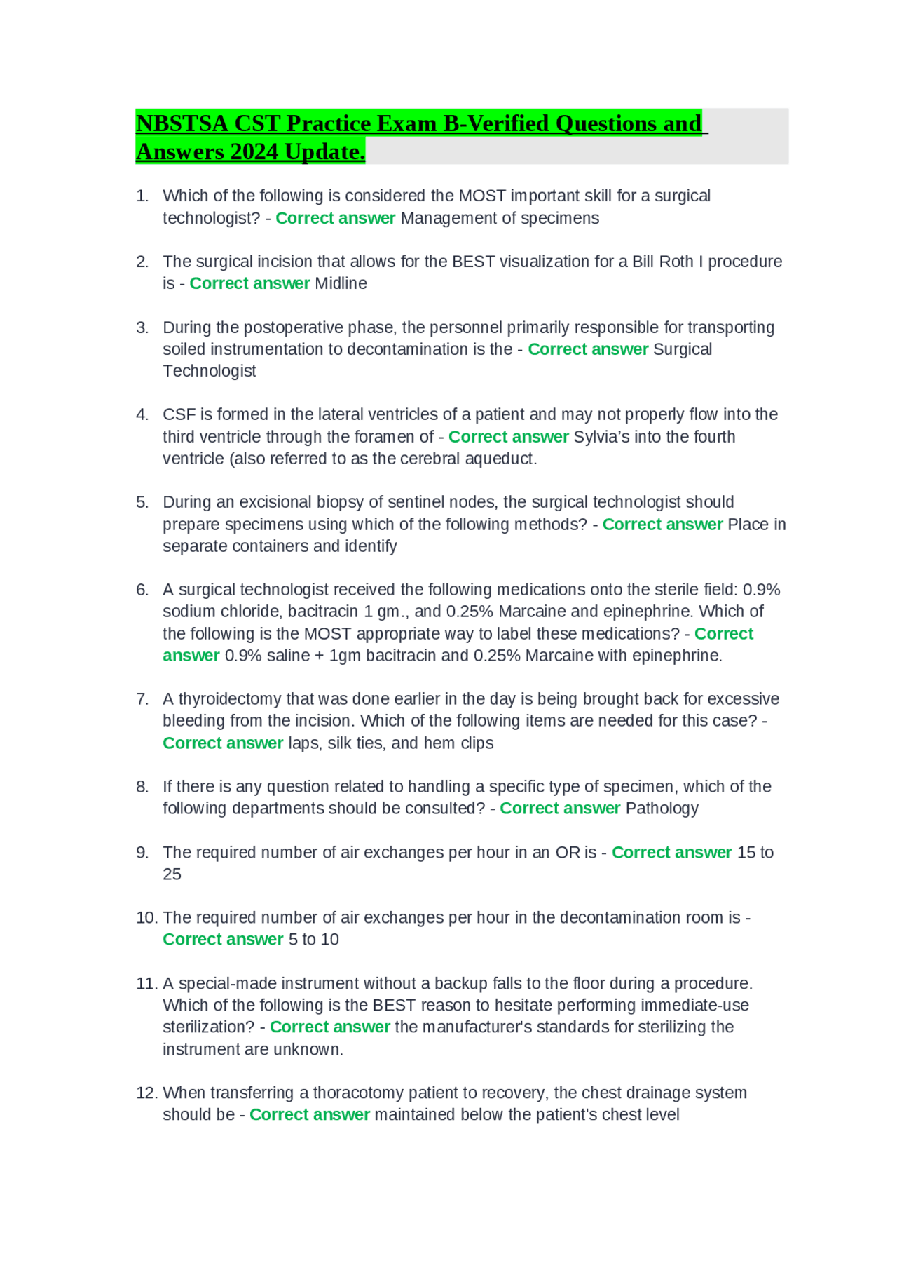 NBSTSA CST Practice Exam B-Verified Questions and Answers 2024 Update. | Exams Laboratory ...