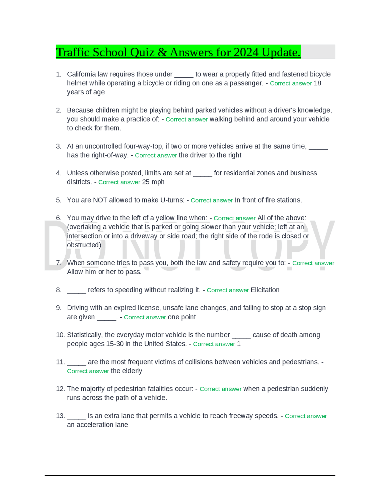 Traffic School Quiz & Answers for 2024 Update. | Exams Traffic Control ...
