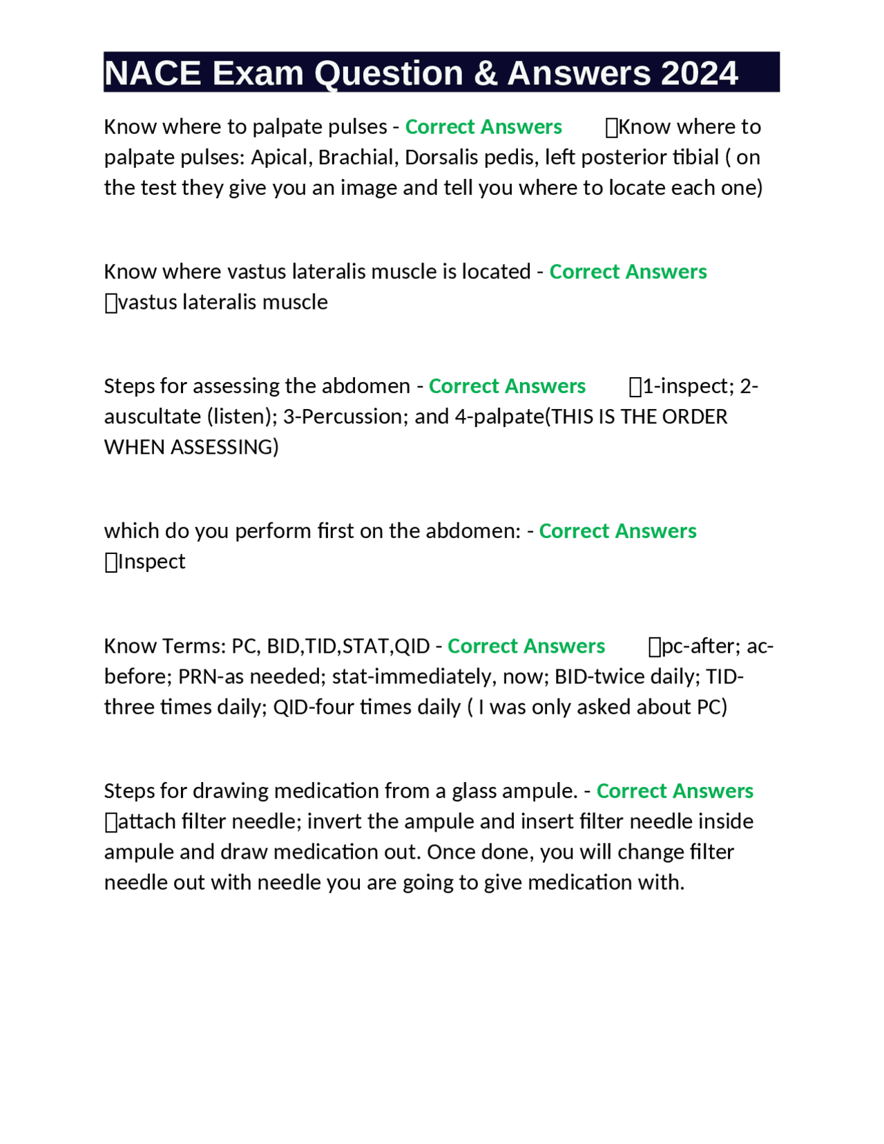 Nace Exam Question And Answers 2024 Exams Nursing Docsity