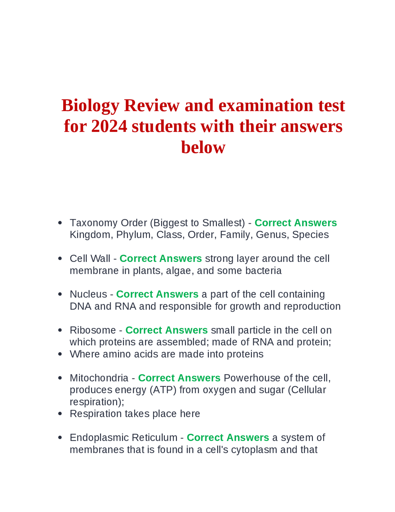 Biology Review and examination test for 2024 students with their ...