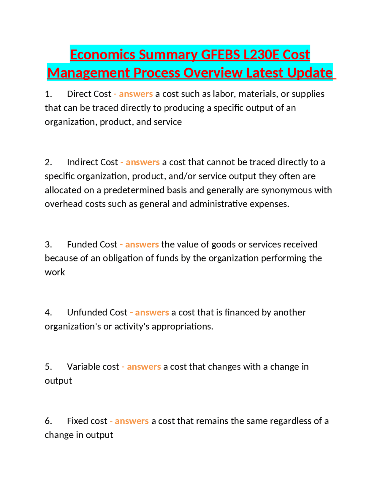 Economics Summary GFEBS L230E Cost Management Process Overview Latest ...