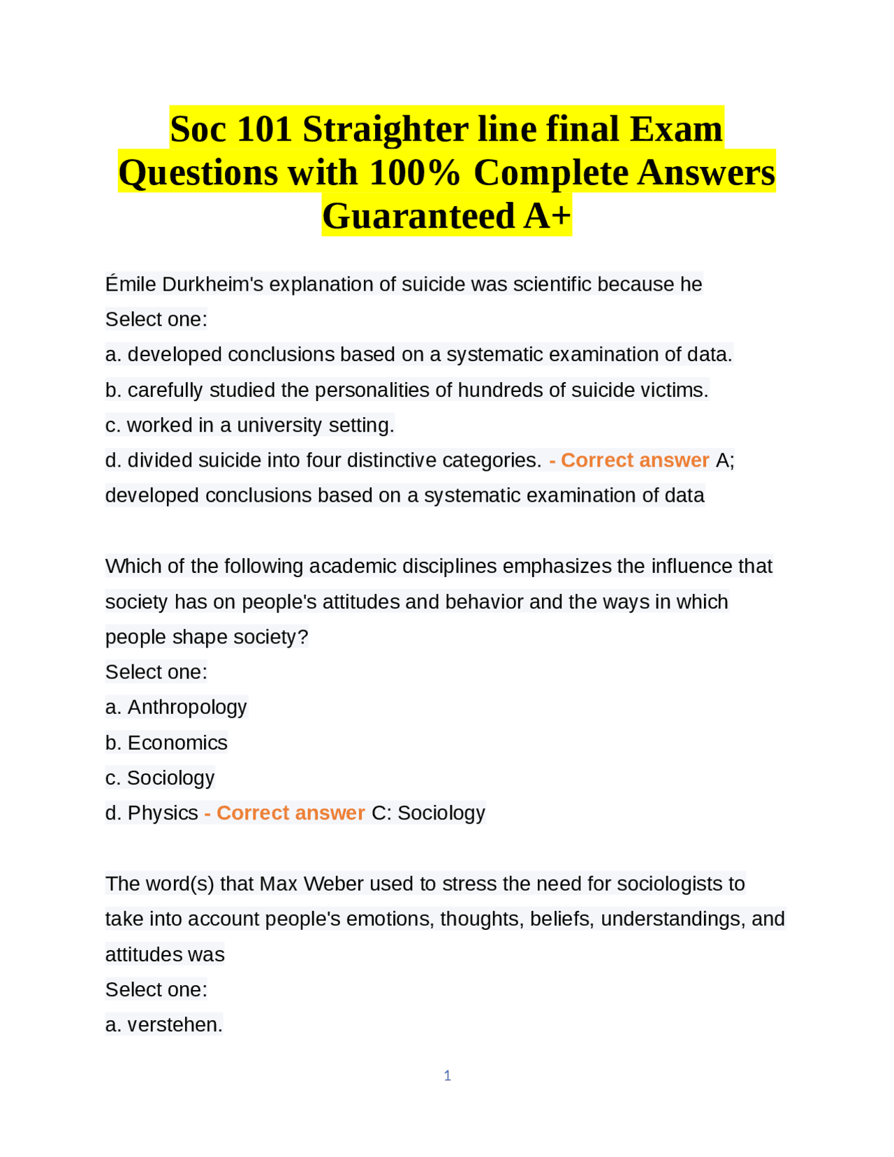Soc 101 Straighter line final Exam Questions with 100% Complete Answers ...