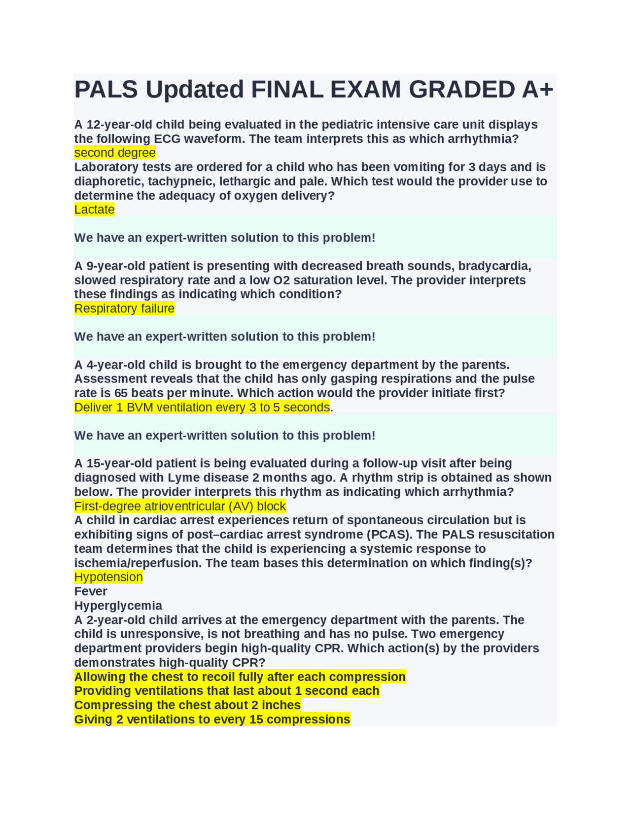 PALS Updated FINAL EXAM GRADED A+ | Exams Nursing | Docsity