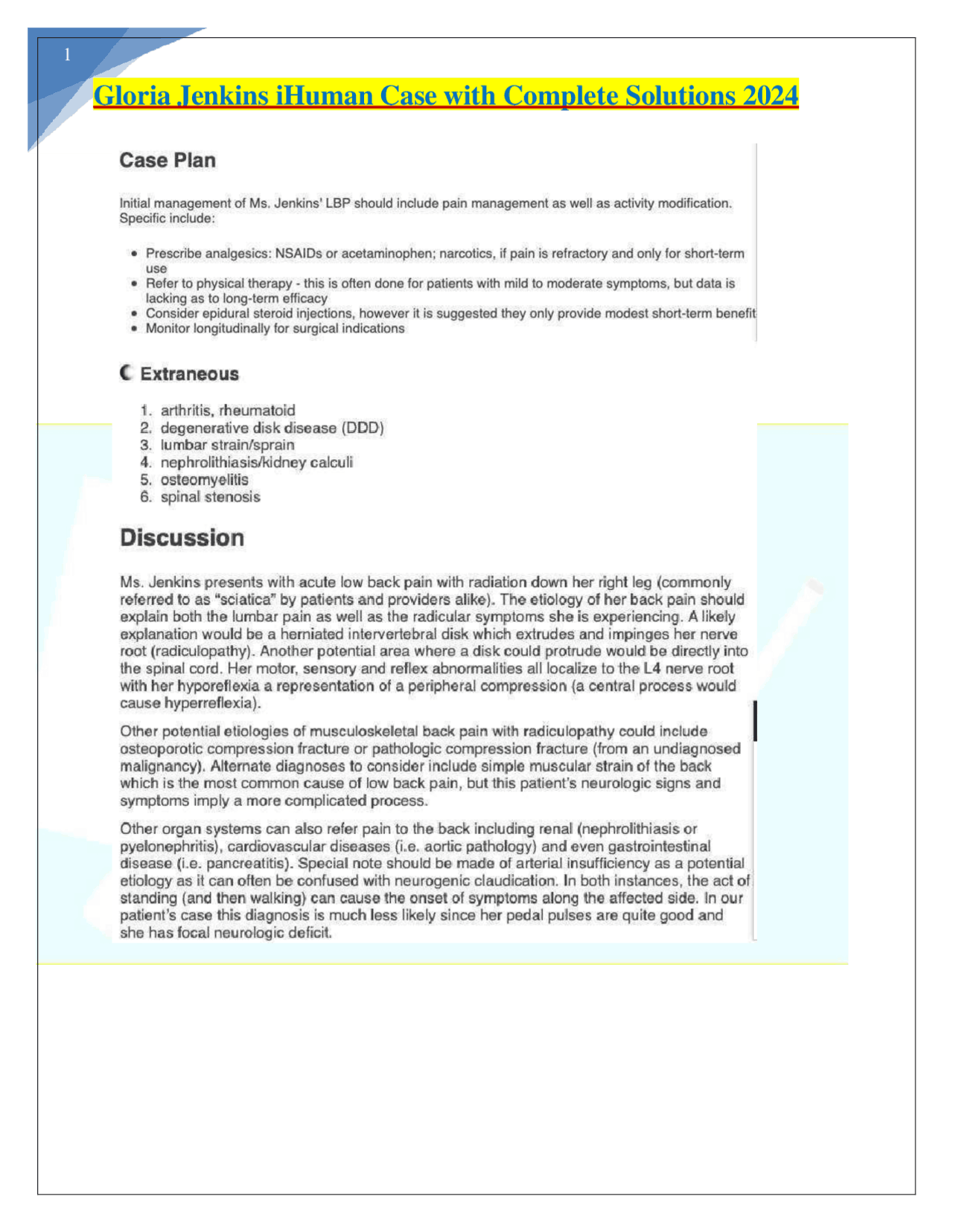 Gloria Jenkins iHuman Case with Complete Solutions 2024 | Exams Nursing ...