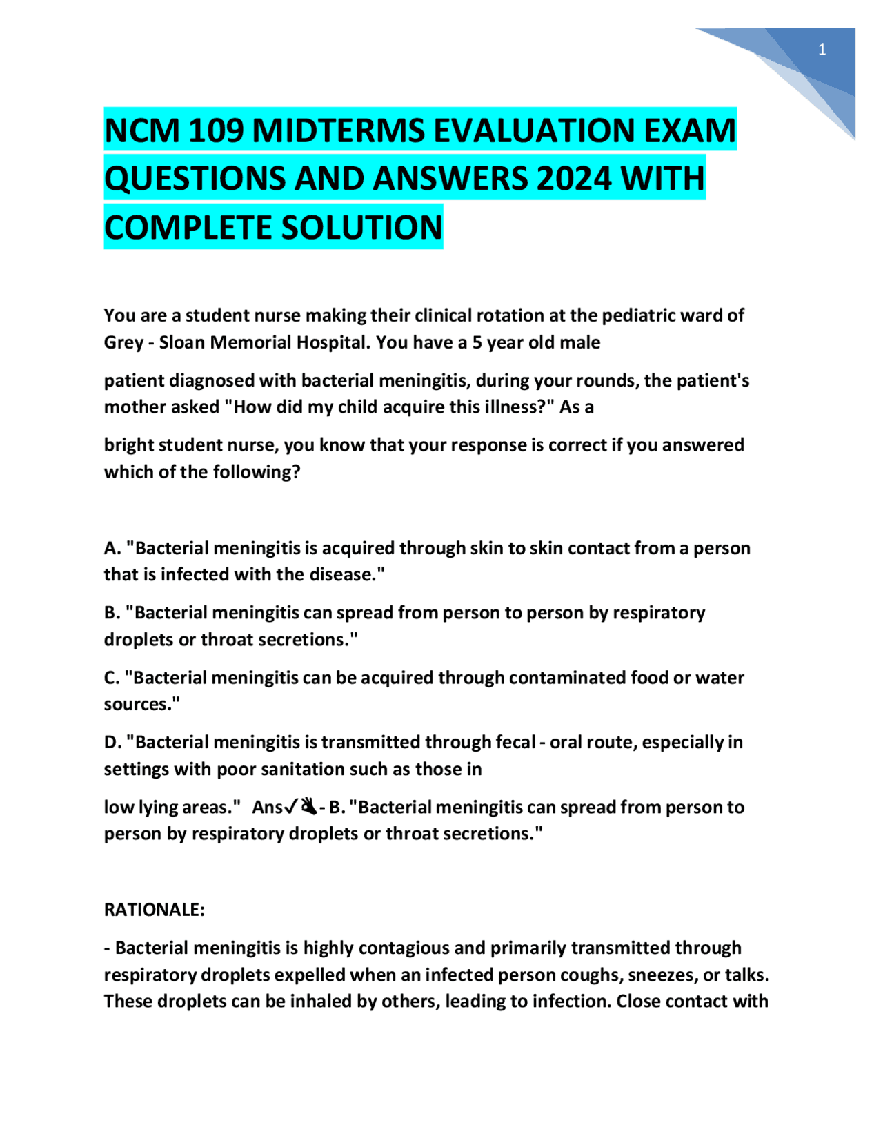 NCM 109 MIDTERMS EVALUATION EXAM QUESTIONS AND ANSWERS 2024 WITH ...