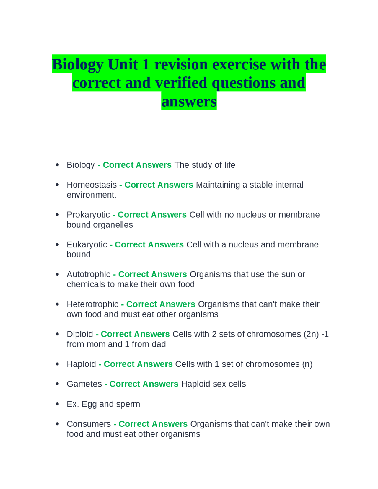 Biology Unit 1 revision exercise with the correct and verified ...