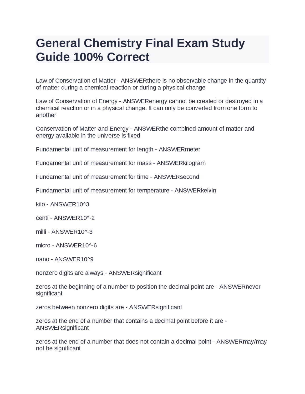 General Chemistry Final Exam Study Guide 100% Correct | Exams Chemistry ...