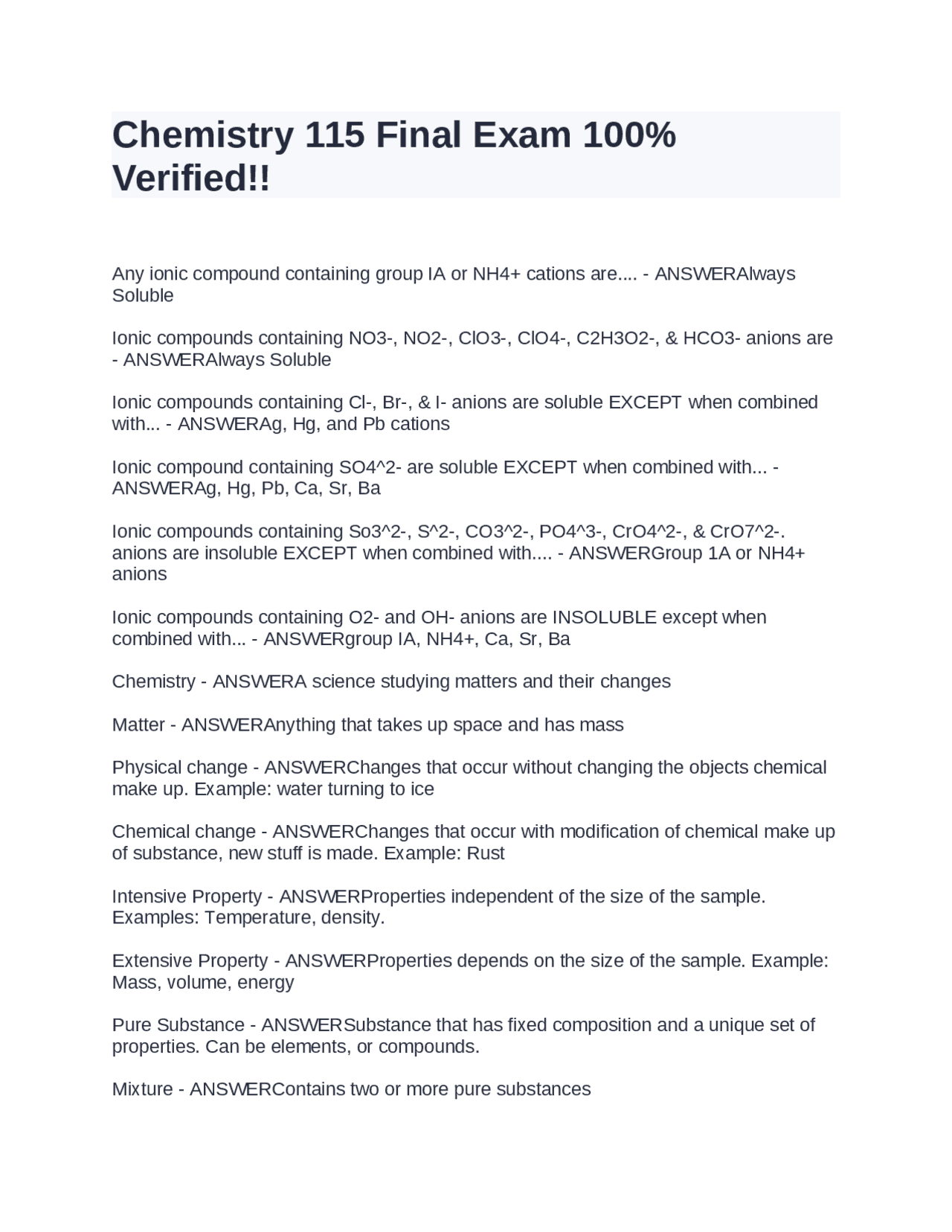 Chemistry 115 Final Exam 100% Verified!! | Exams Chemistry | Docsity