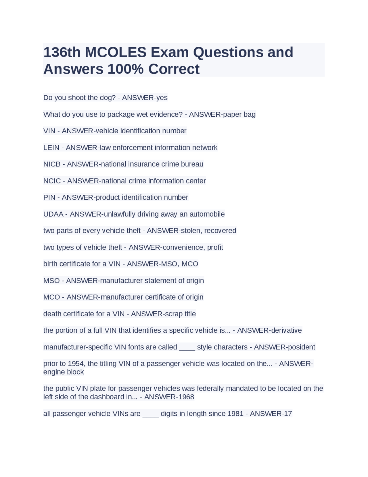 136th MCOLES Exam Questions and Answers 100% Correct | Exams Judicial ...