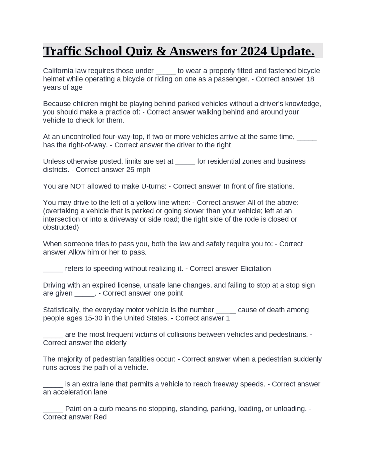 Traffic School Quiz & Answers for 2024 Update. | Exams Traffic Control ...