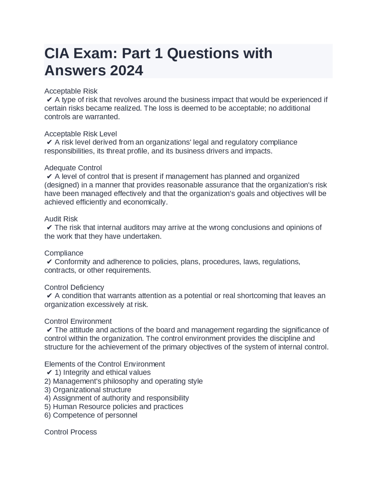 CIA Exam: Part 1 Questions with Answers 2024 | Exams Finance | Docsity