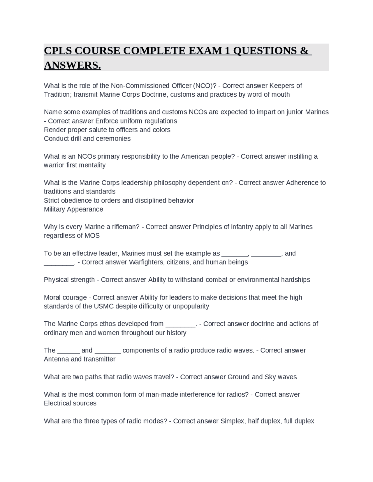 CPLS COURSE COMPLETE EXAM 1 QUESTIONS & ANSWERS. | Exams Socialization ...