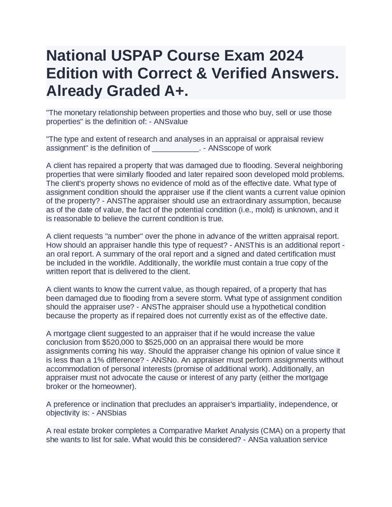 National USPAP Course Exam 2024 Edition with Correct & Verified Answers ...