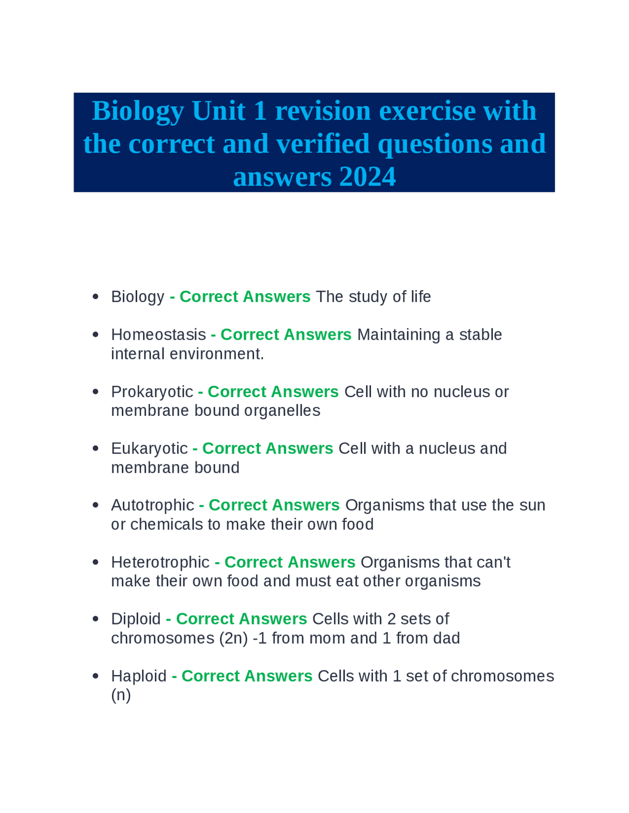 Biology Unit 1 revision exercise with the correct and verified ...