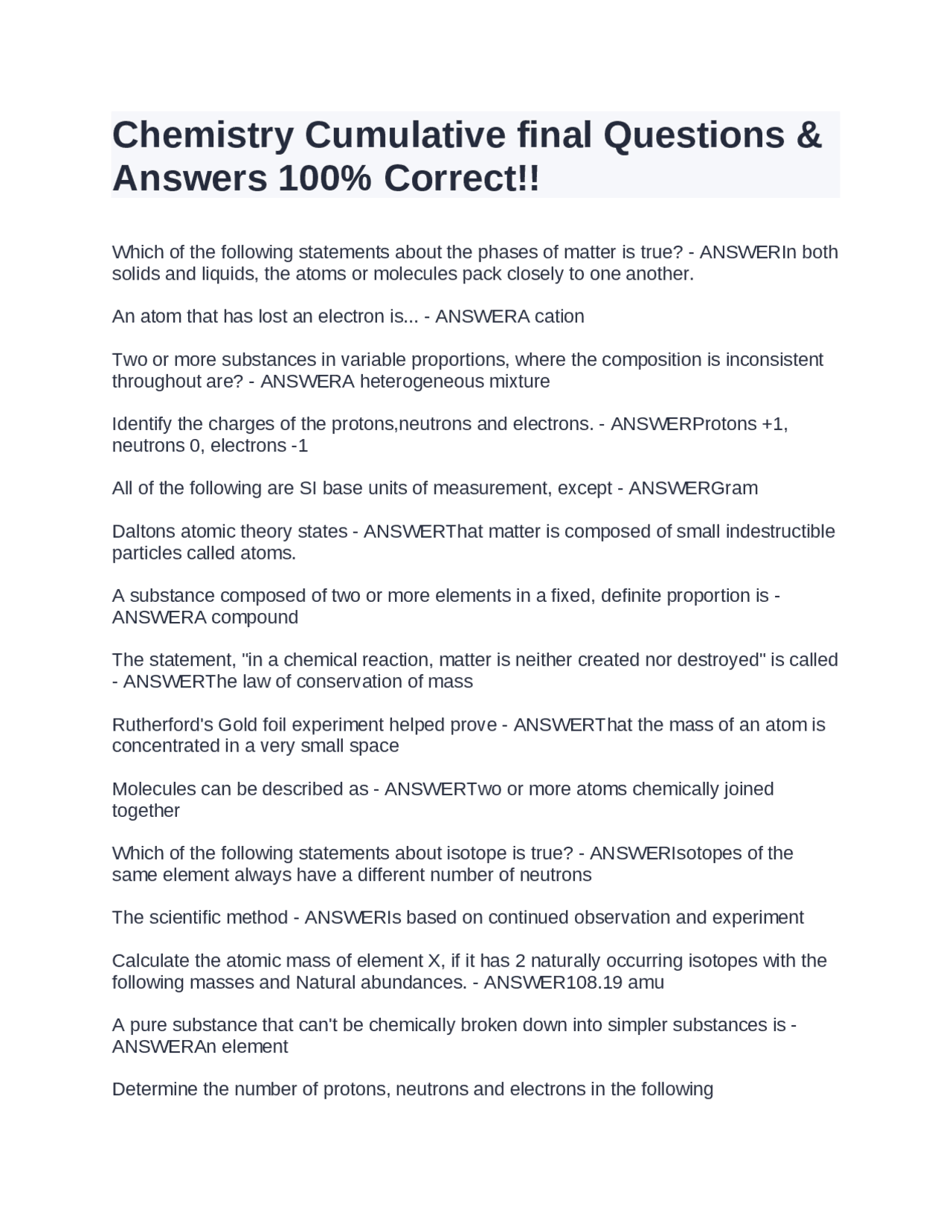 Chemistry Cumulative final Questions & Answers 100% Correct!! | Exams ...