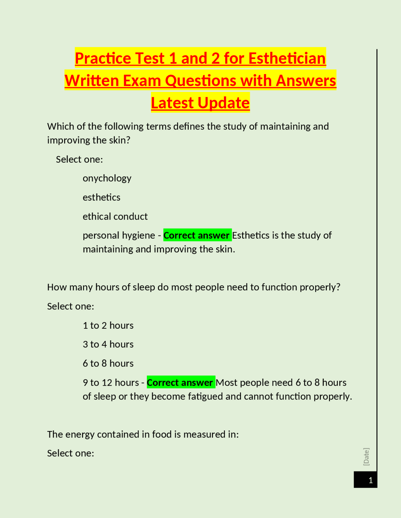 Practice Test 1 and 2 for Esthetician Written Exam Questions with ...