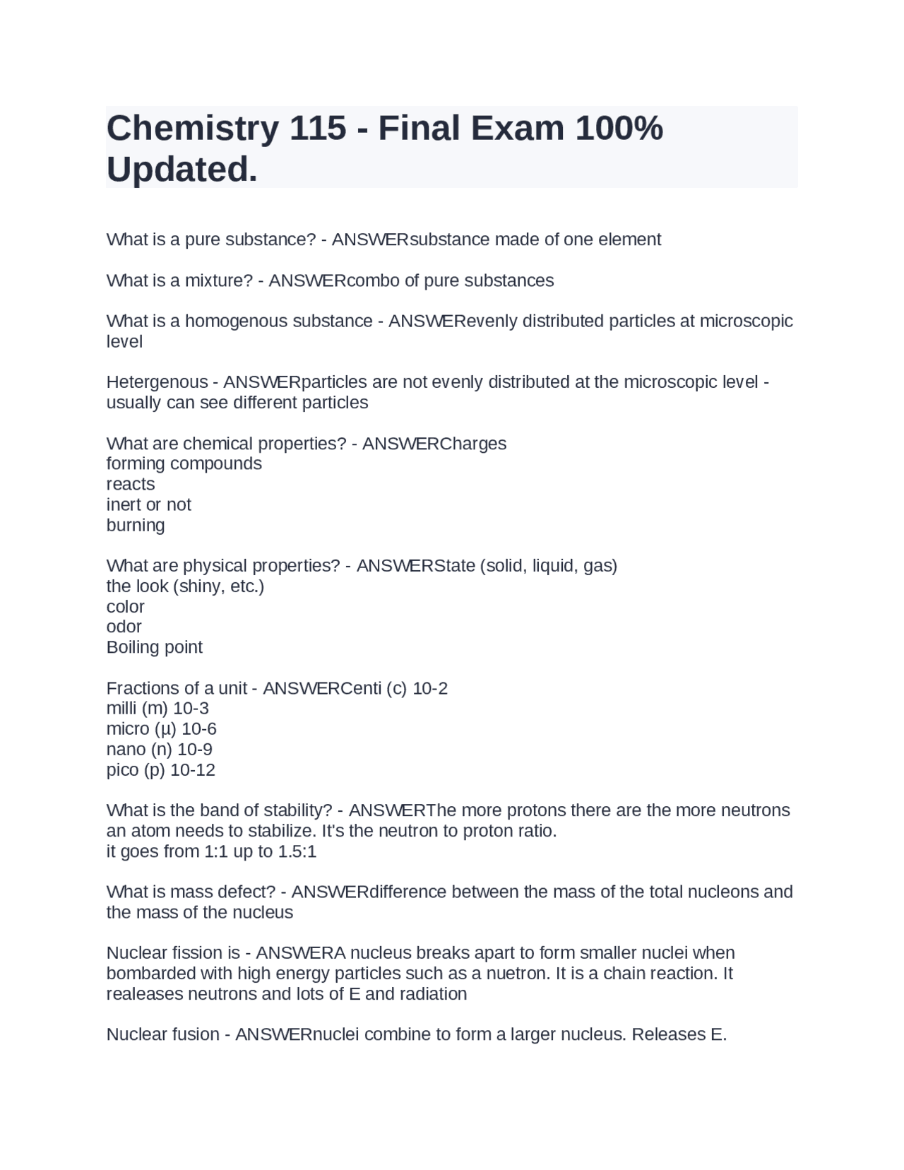 Chemistry 115 - Final Exam 100% Updated. | Exams Chemistry | Docsity