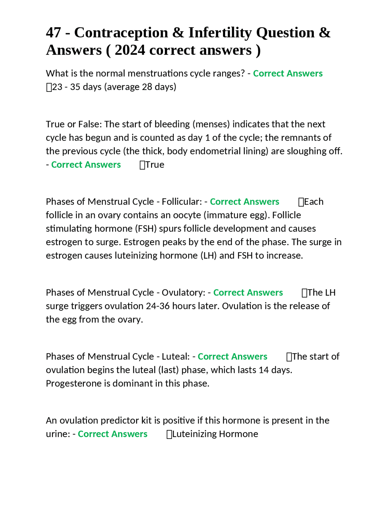 47 - Contraception & Infertility Question & Answers ( 2024 correct answers ) | Exams Nursing ...