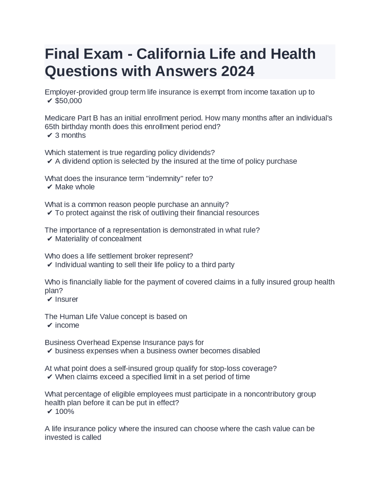 Final Exam - California Life and Health Questions with Answers 2024 ...