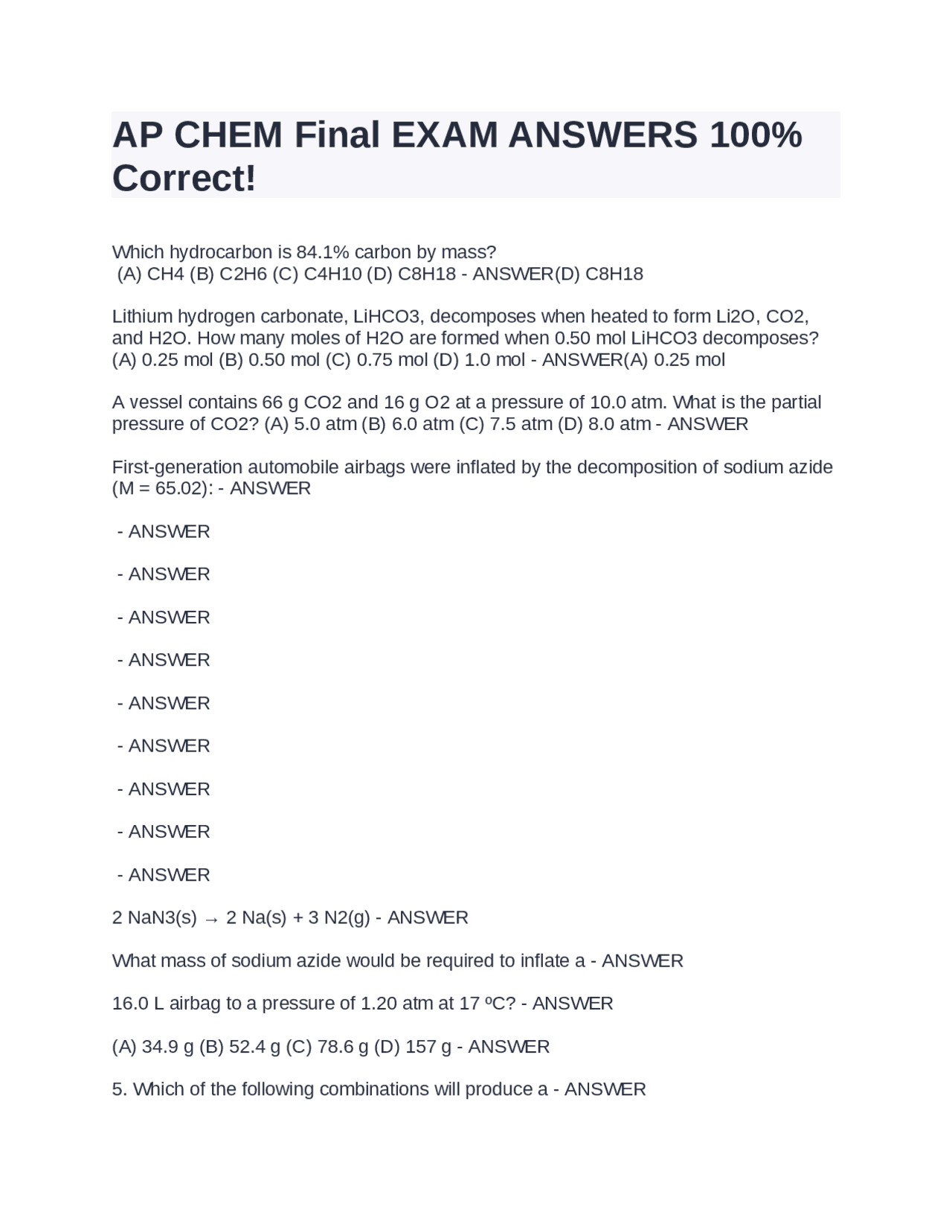 AP CHEM Final EXAM ANSWERS 100% Correct! | Exams Chemistry | Docsity
