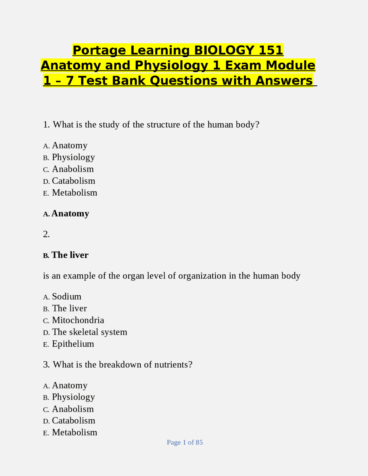 Portage Learning BIOLOGY 151 Anatomy and Physiology 1 Exam Module 1 – 7 ...