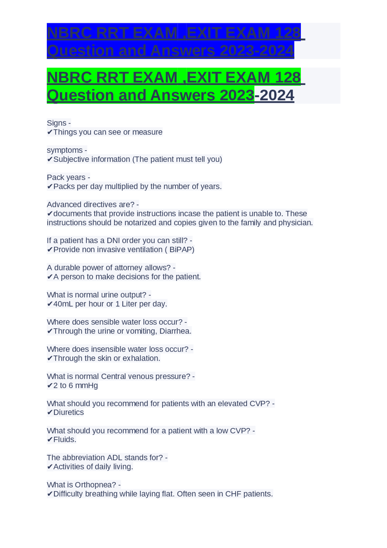 NBRC RRT EXAM ,EXIT EXAM 128 Question and Answers 2023-2024.docx NC ...