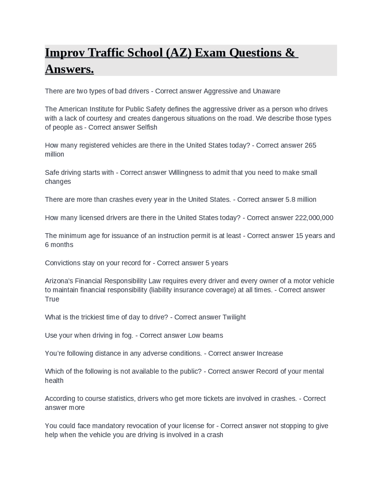 Improv Traffic School (AZ) Exam Questions & Answers. | Exams Traffic ...