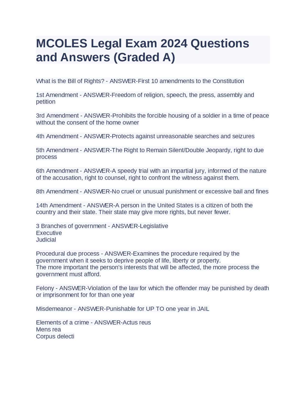 MCOLES Legal Exam 2024 Questions and Answers (Graded A) | Exams ...