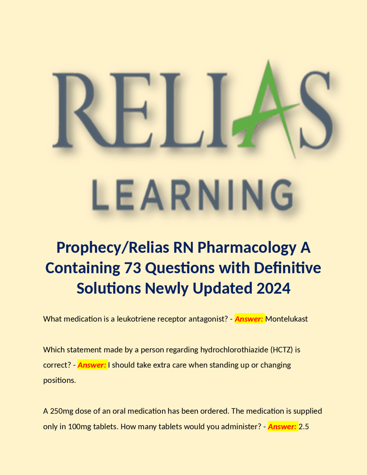 Prophecy/Relias RN Pharmacology A | Exams Nursing | Docsity