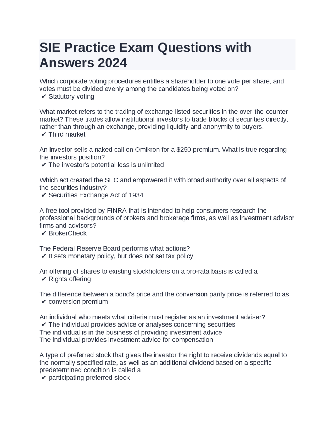 SIE Practice Exam Questions with Answers 2024 | Exams Economics | Docsity