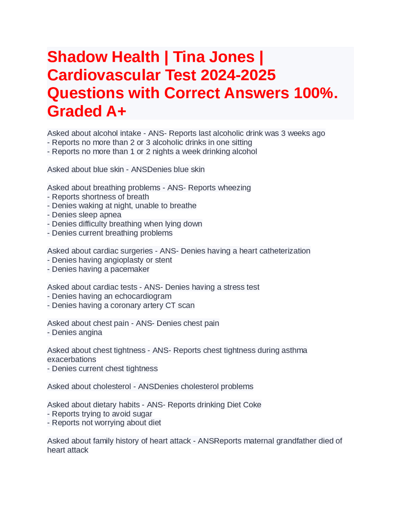 Shadow Health Tina Jones Cardiovascular Test 2024-2025 Questions ...