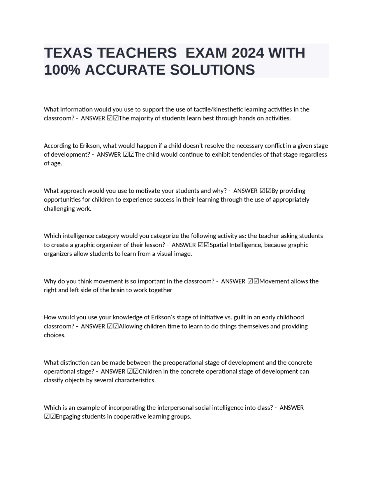 TEXAS TEACHERS EXAM 2024 WITH 100% ACCURATE SOLUTIONS | Exams Advanced ...