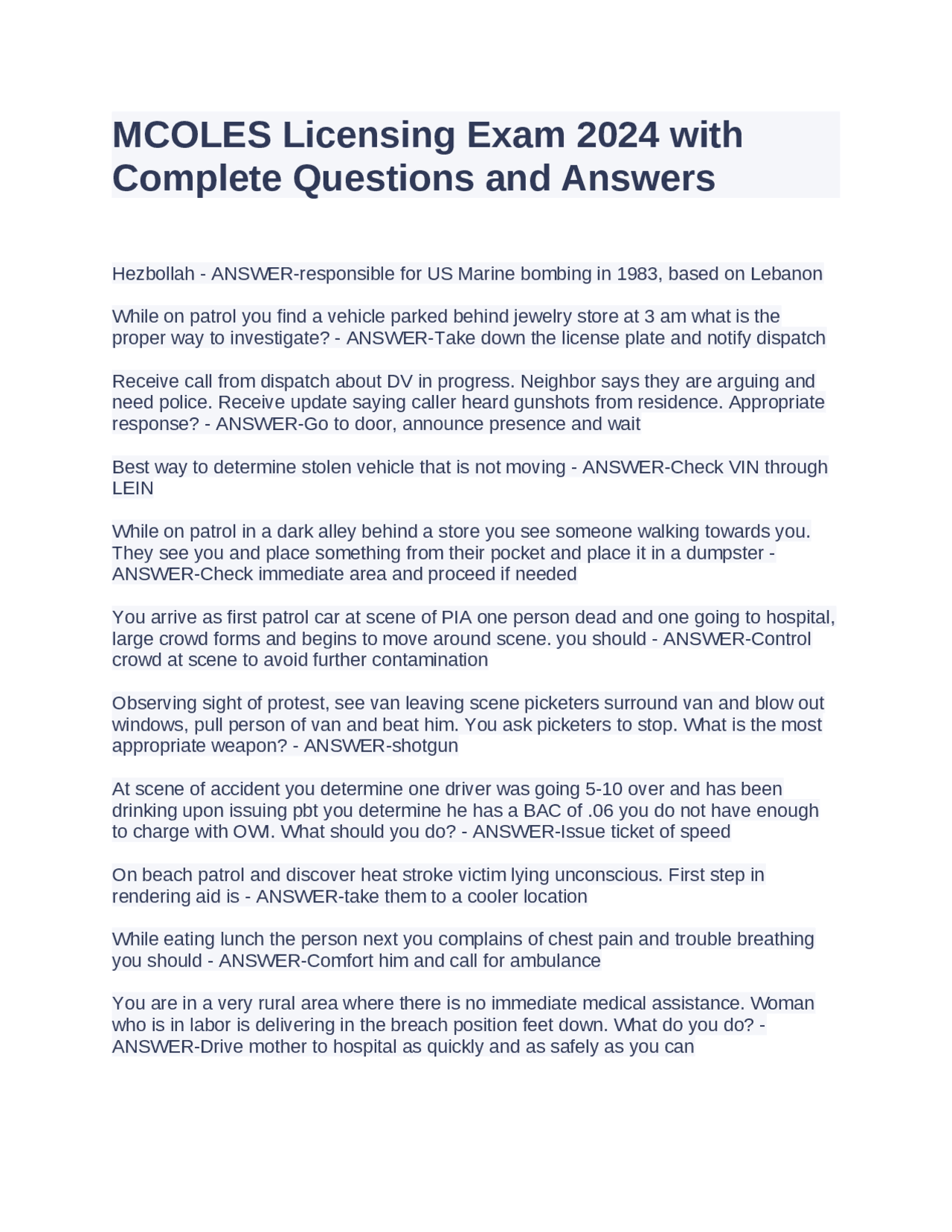 MCOLES Licensing Exam 2024 with Complete Questions and Answers | Exams ...