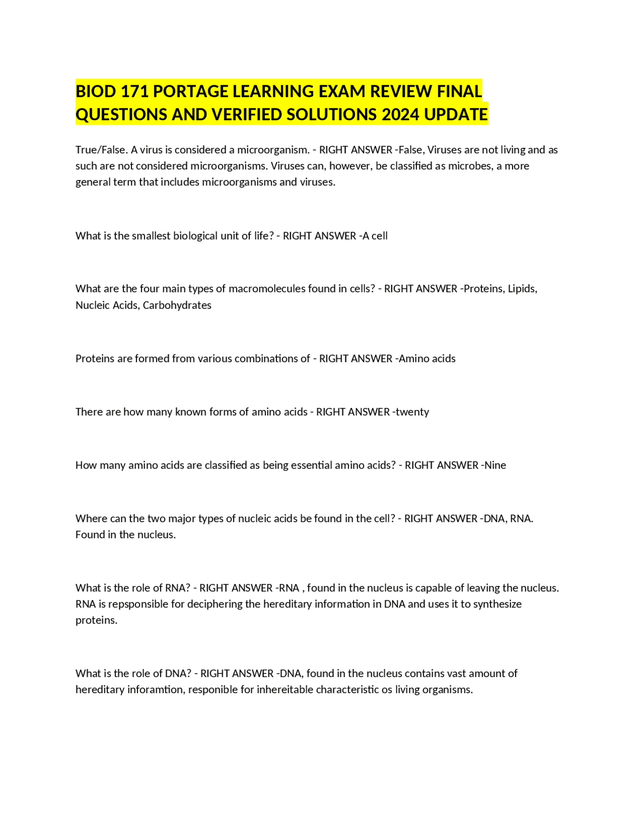 BIOD 171 PORTAGE LEARNING EXAM REVIEW FINAL QUESTIONS AND VERIFIED ...