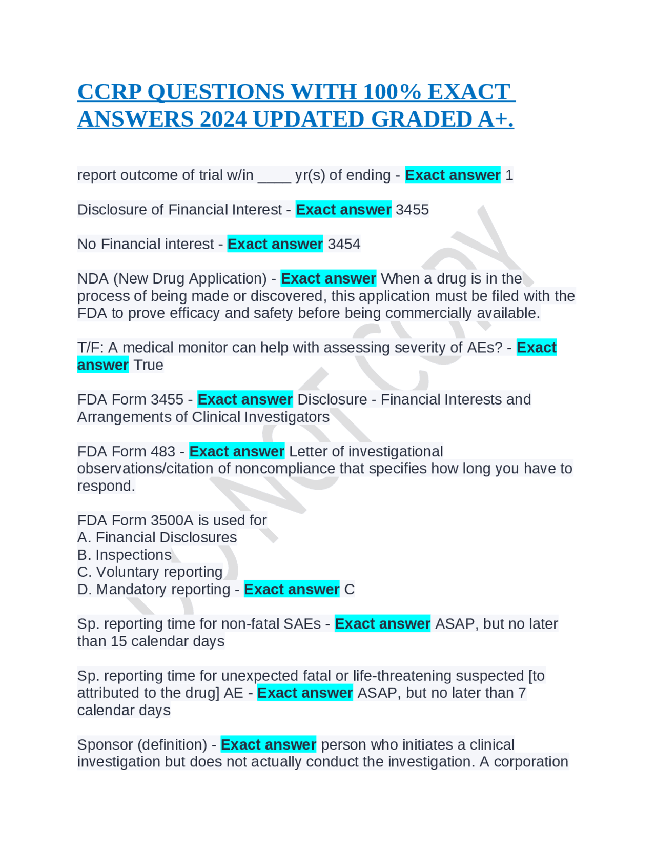 CCRP PRACTICE QUESTIONS AND ANSWERS GRADED 100% PASS 2024 LATEST ...