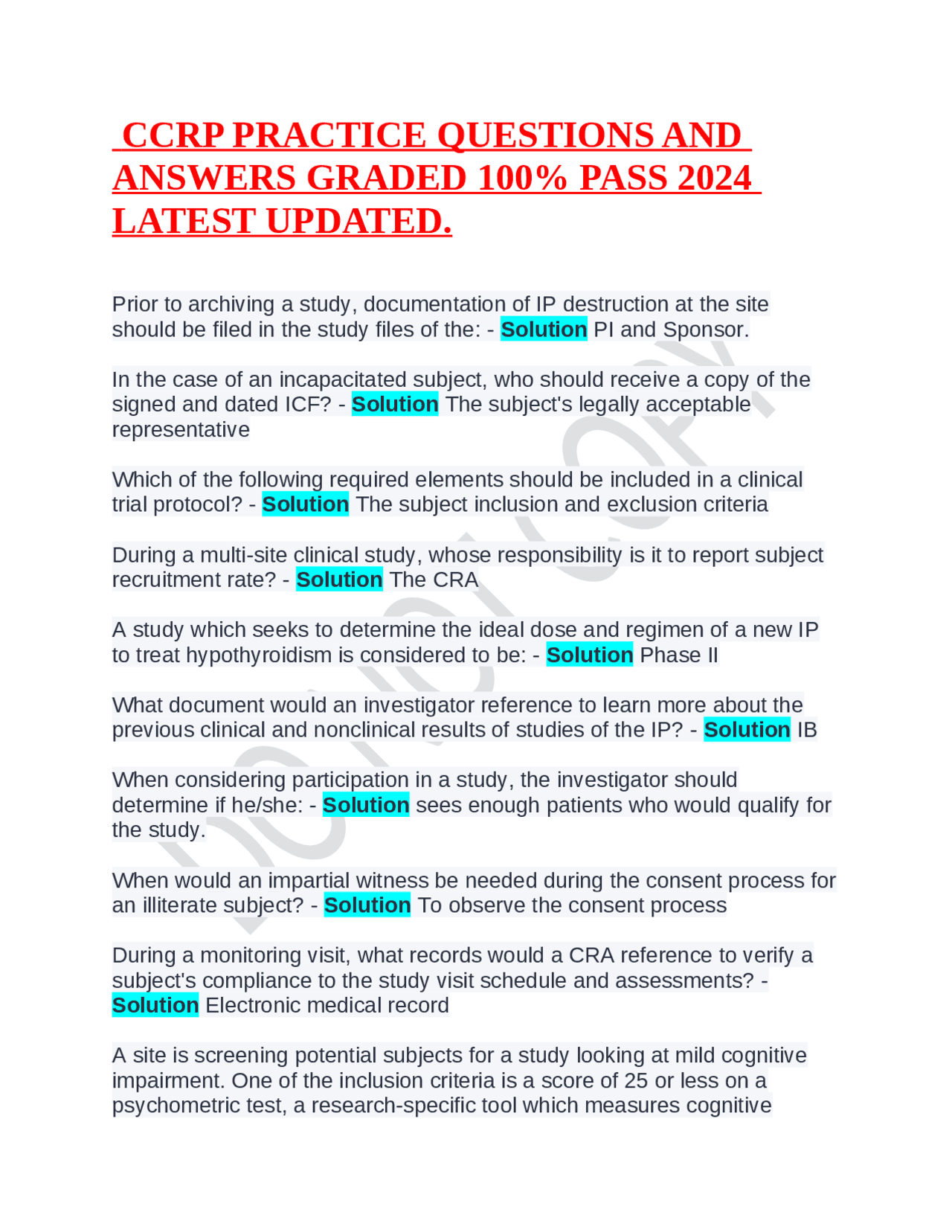 CCRP EXAMINATION QUESTIONS AND ANSWERS GRADED 100% PASS 2024 UPDATED ...