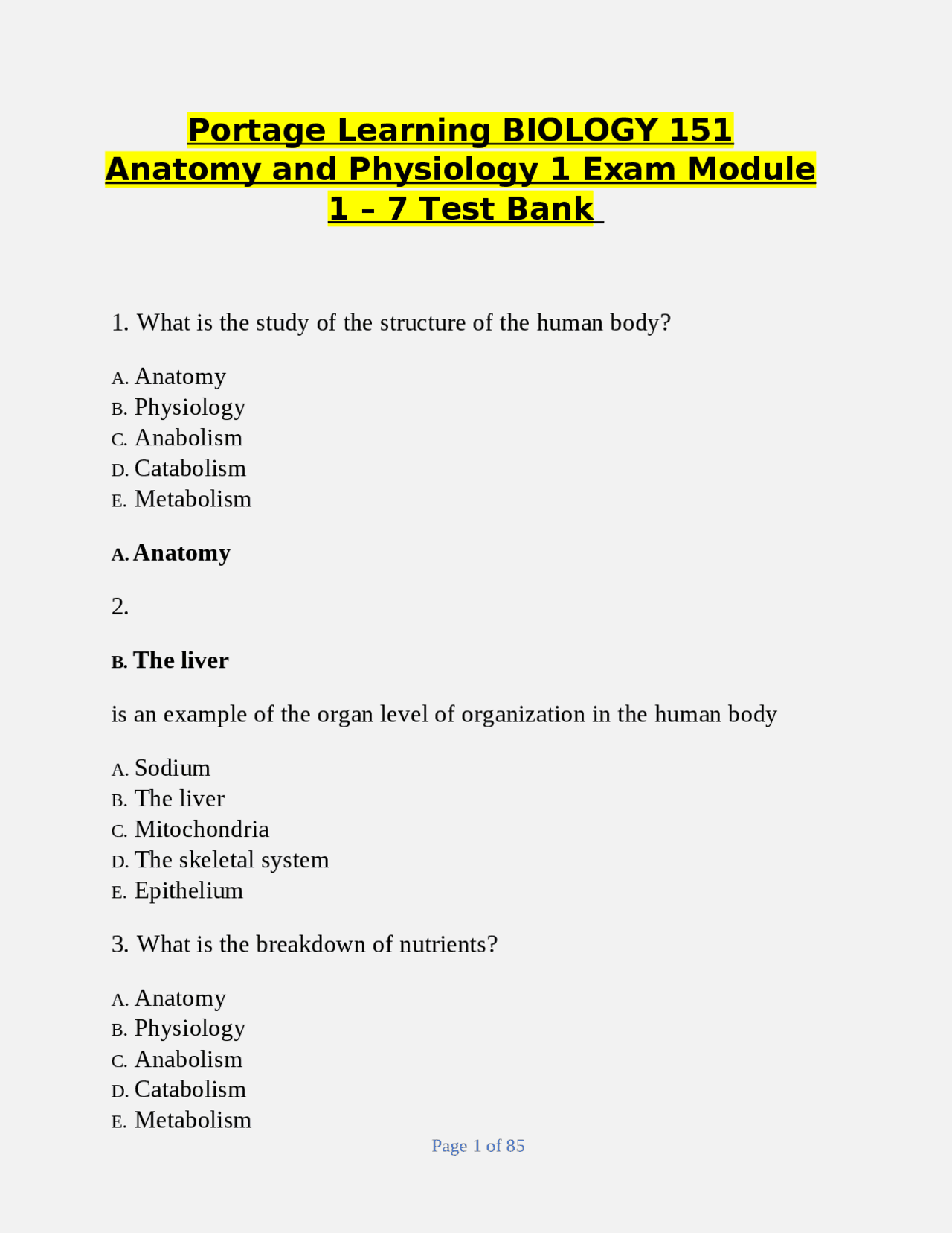Portage Learning BIOLOGY 151 Anatomy and Physiology 1 Exam Module 1 – 7 ...