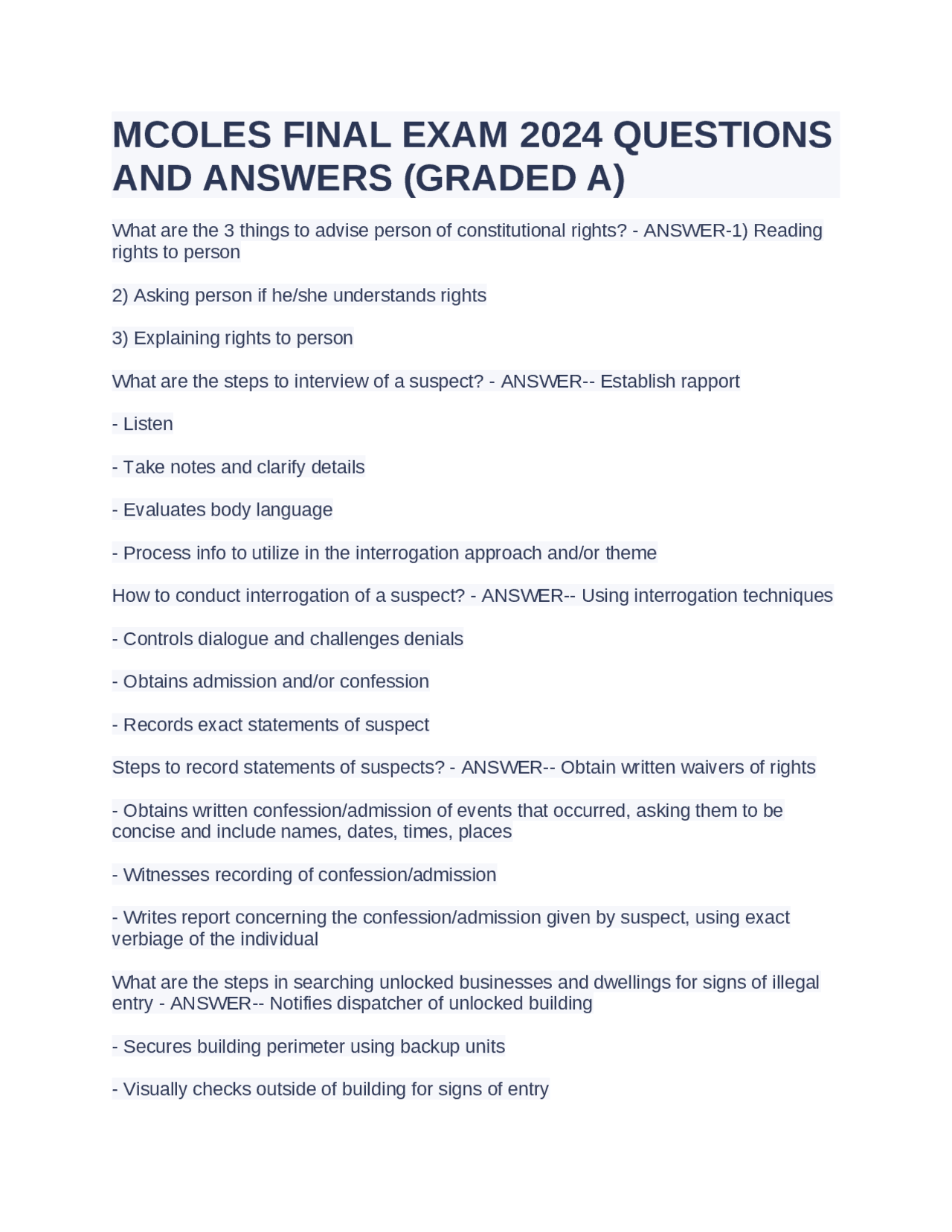 MCOLES FINAL EXAM 2024 QUESTIONS AND ANSWERS (GRADED A) | Exams ...