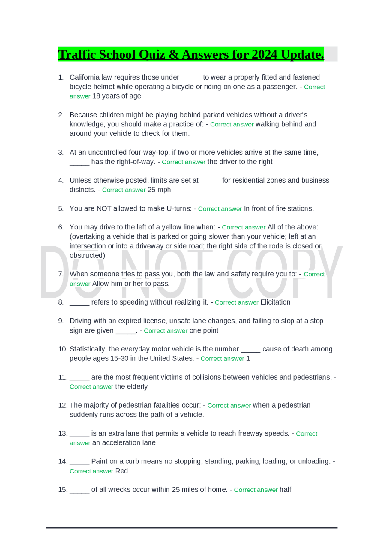 Traffic School Quiz & Answers for 2024 Update. | Exams Traffic Control ...