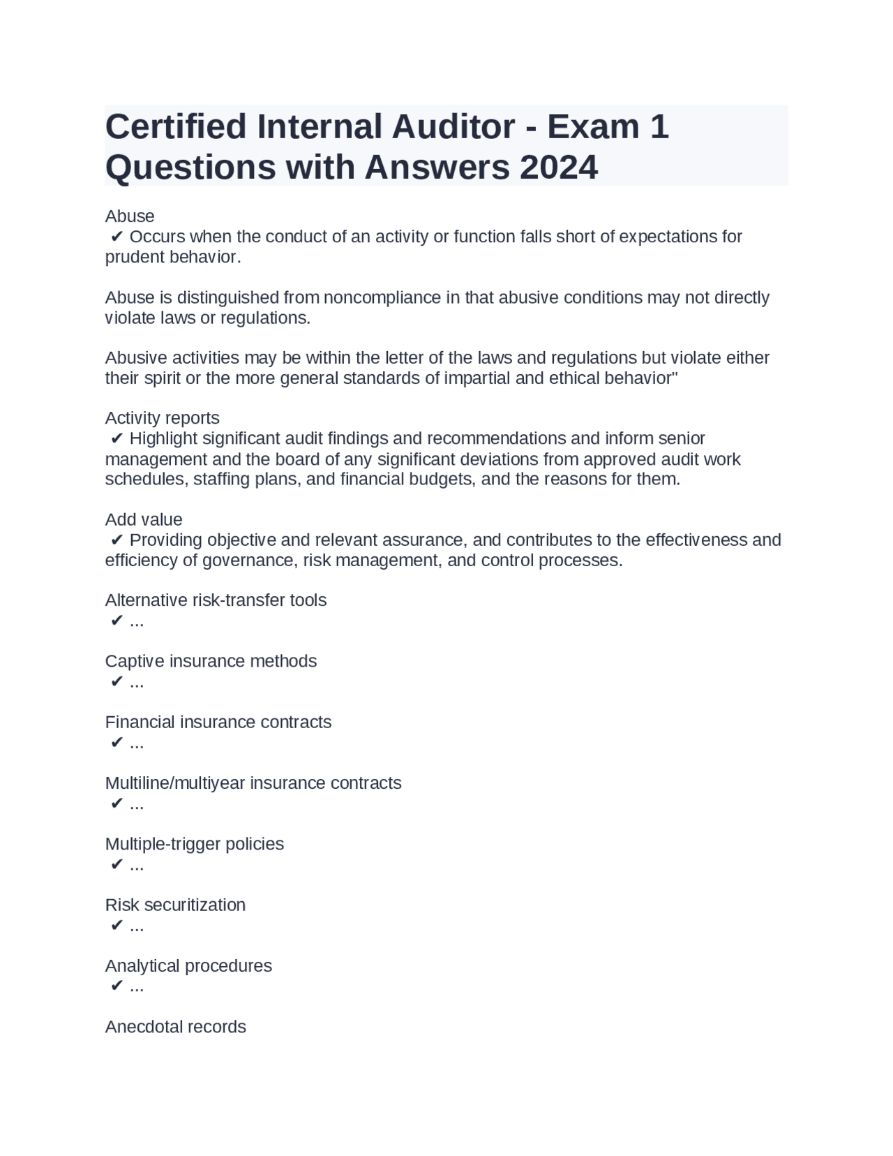 Certified Internal Auditor - Exam 1 Questions with Answers 2024 | Exams ...