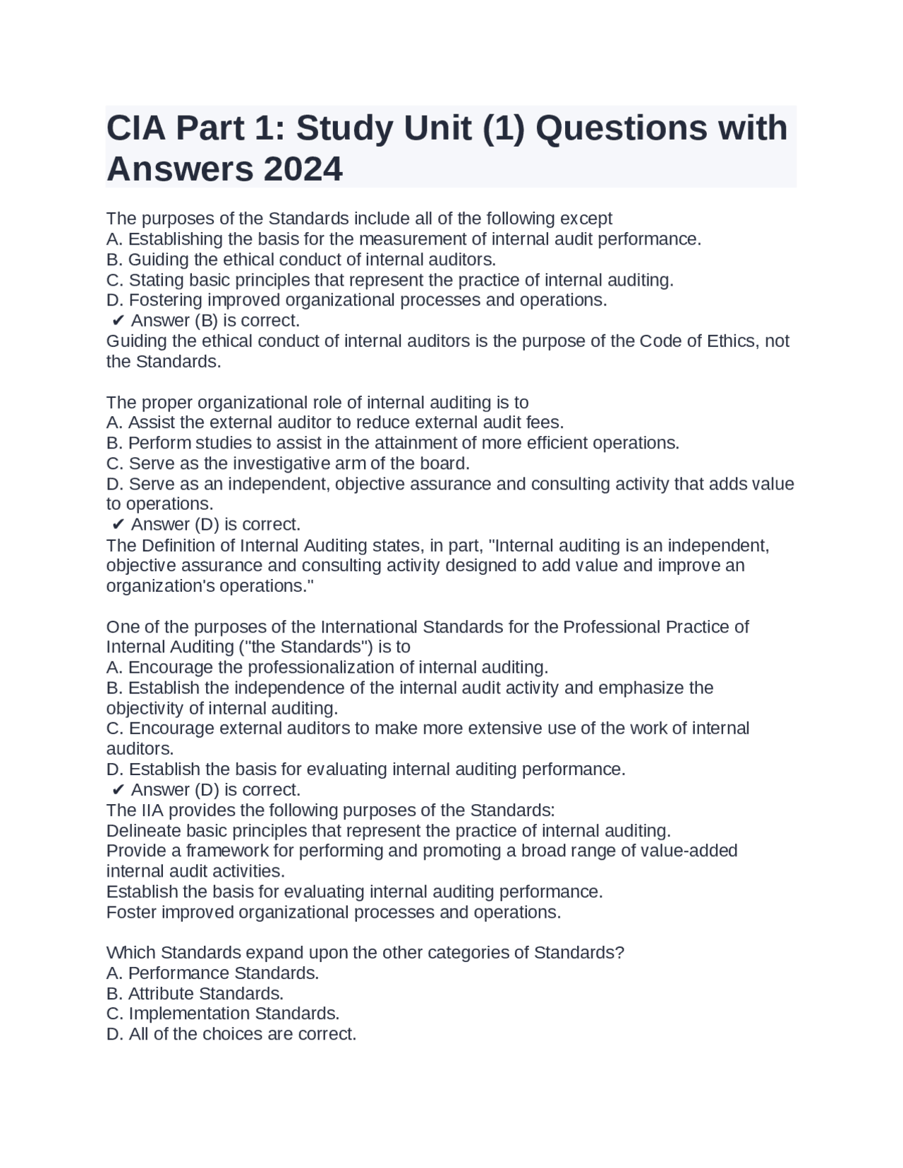 CIA Part 1: Study Unit (1) Questions with Answers 2024 | Exams Finance ...