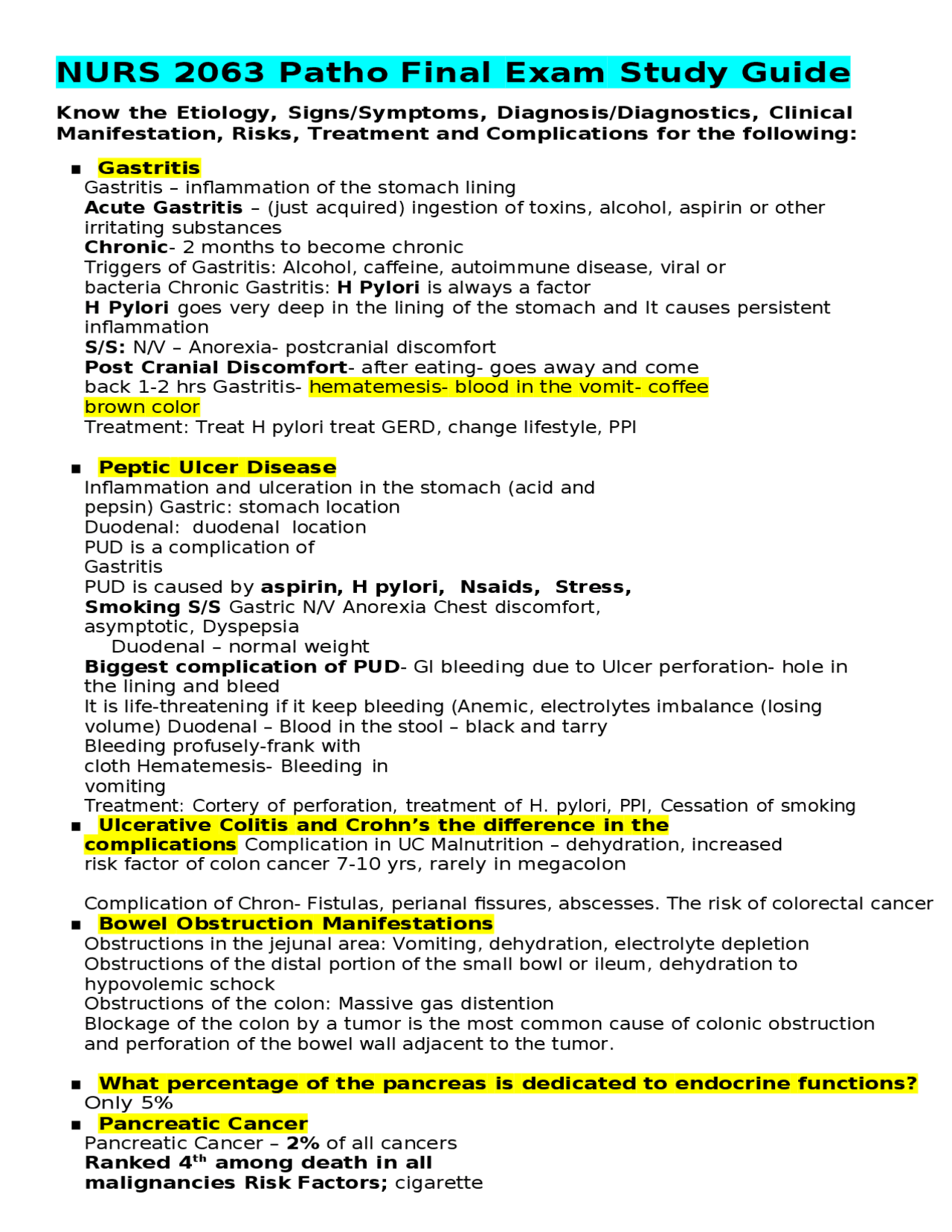 NURS 2063 Patho Final Exam Study Guide | Study Guides, Projects, Research Pathophysiology | Docsity
