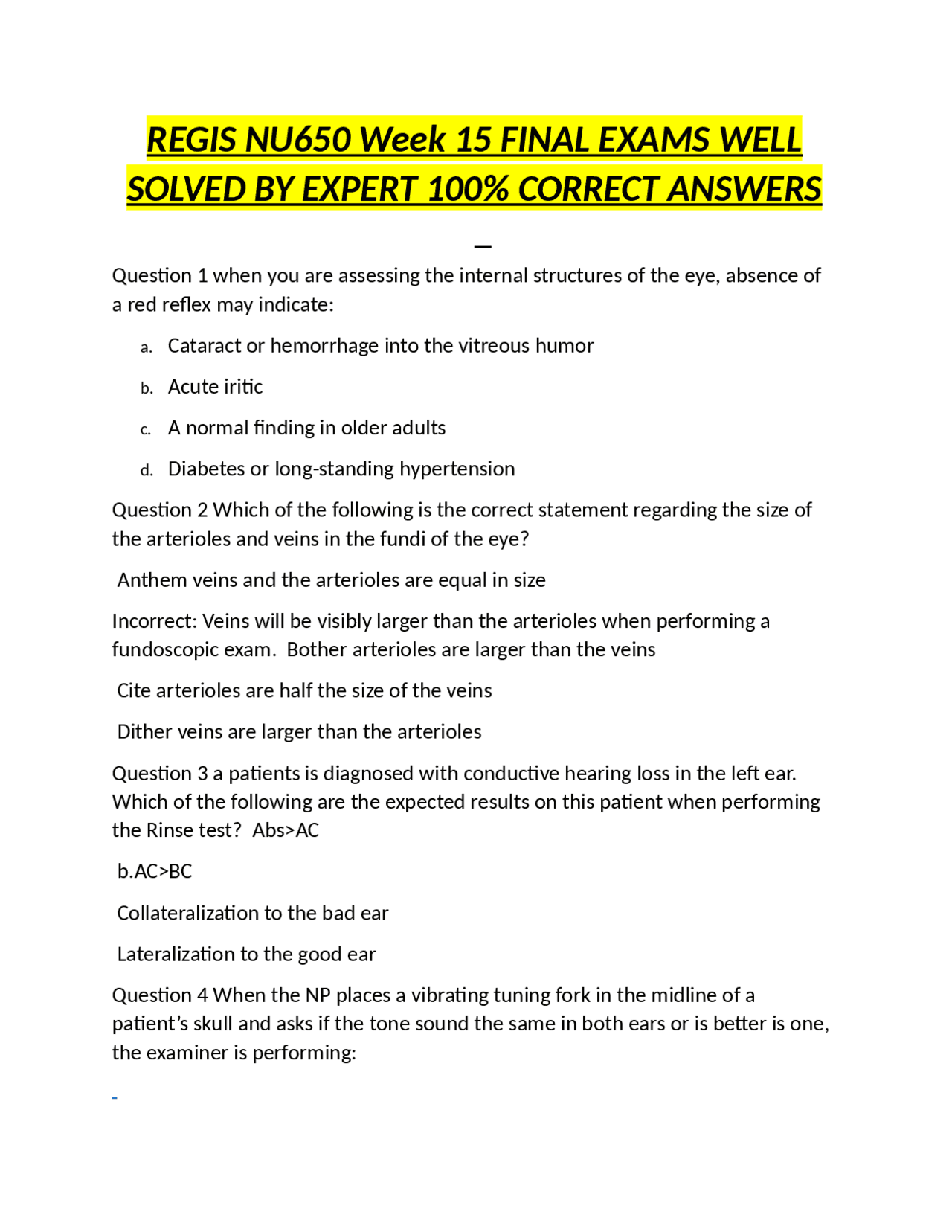 REGIS NU650 Week 15 FINAL EXAMS WELL SOLVED BY EXPERT 100% CORRECT ...