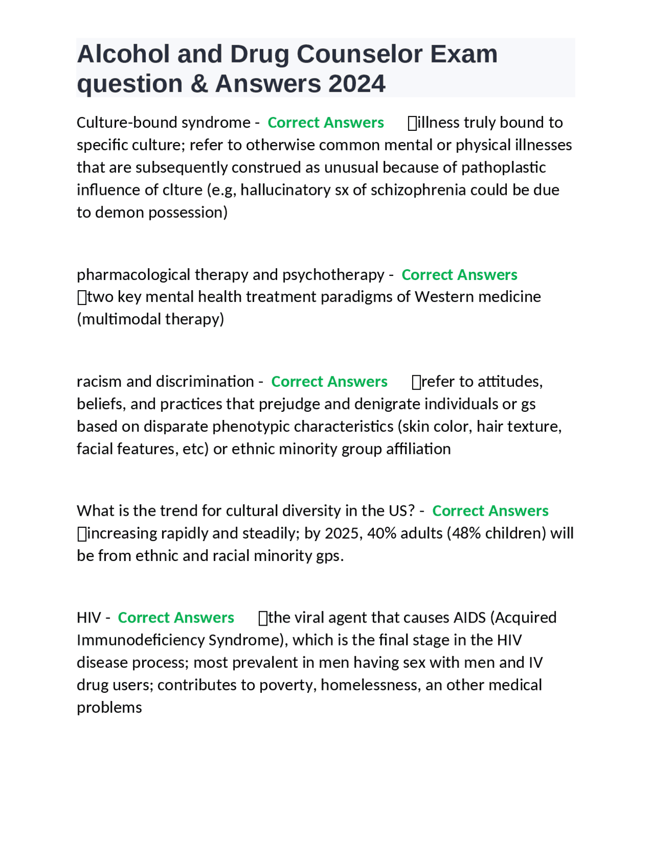 Alcohol and Drug Counselor Exam: Questions and Answers 2024 | Exams ...