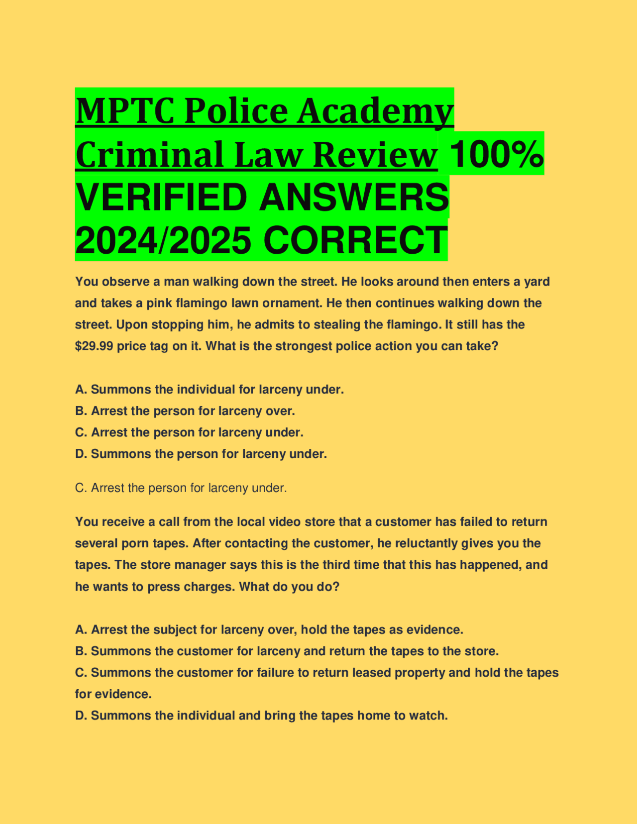 MPTC Police Academy Criminal Law Review 100% VERIFIED ANSWERS 2024/2025 ...