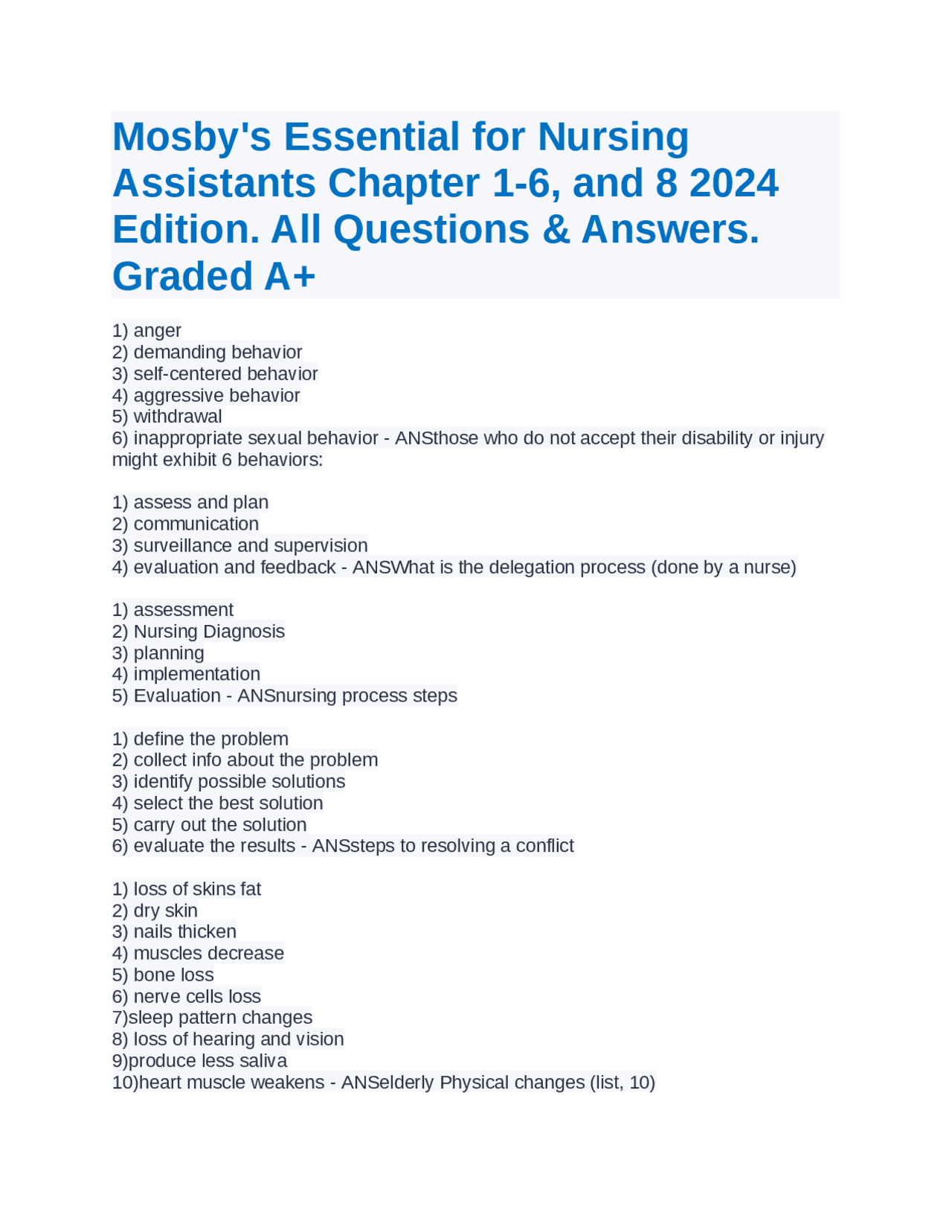 Mosby's Essential for Nursing Assistants Chapter 1- 8 2024. Questions ...