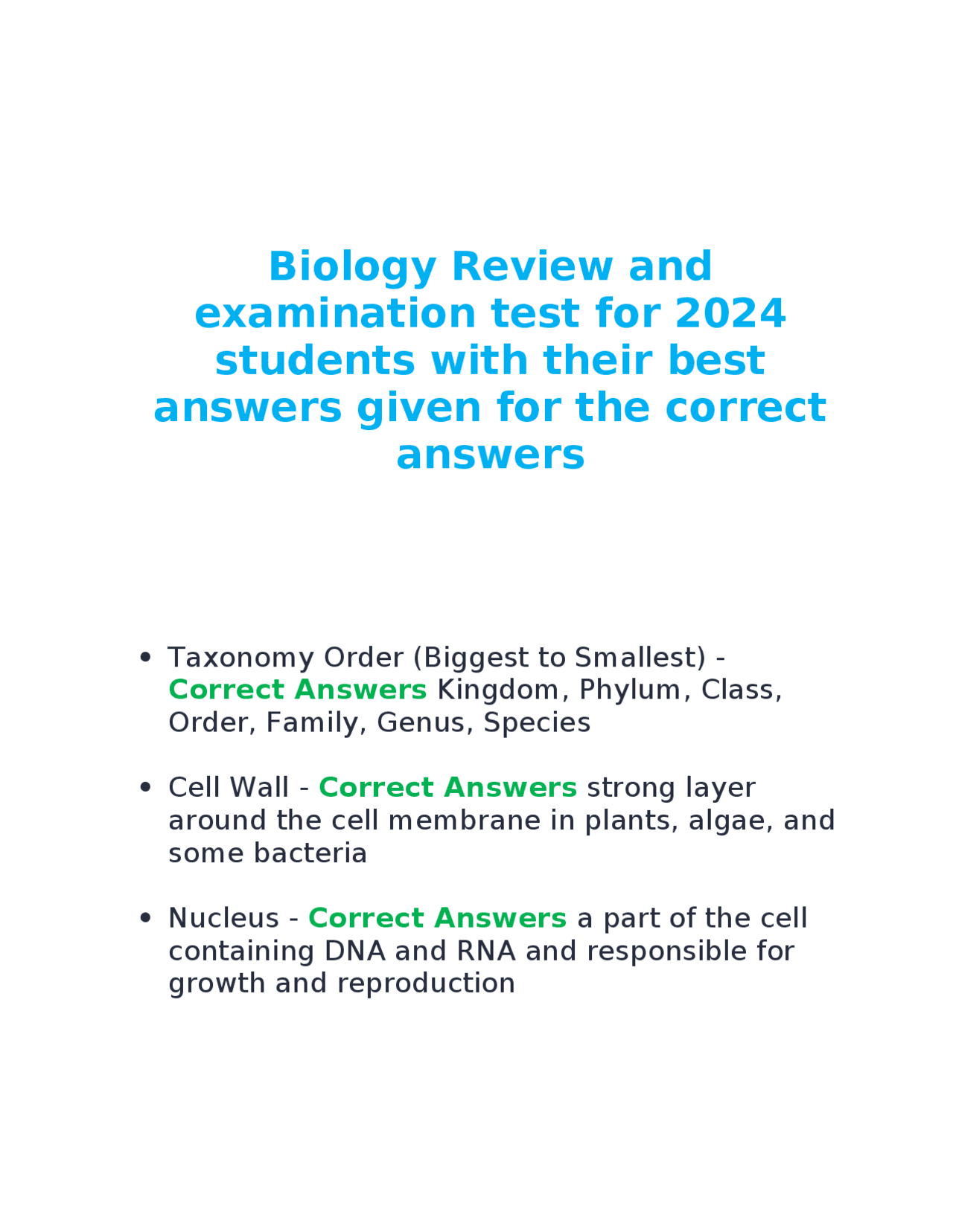 Biology Review and examination test for 2024 students with their best ...