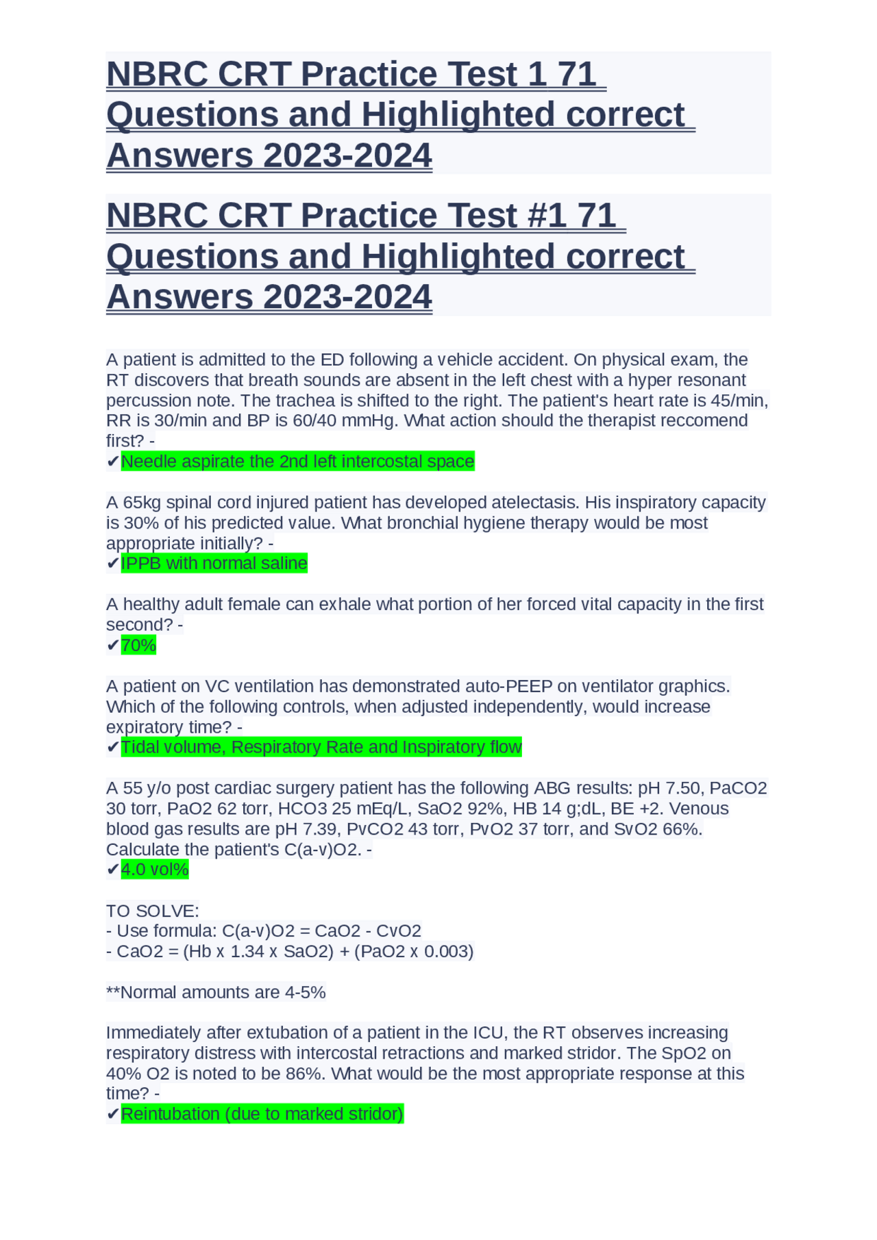 NBRC CRT Practice Test 1 71 Questions and Highlighted correct Answers ...
