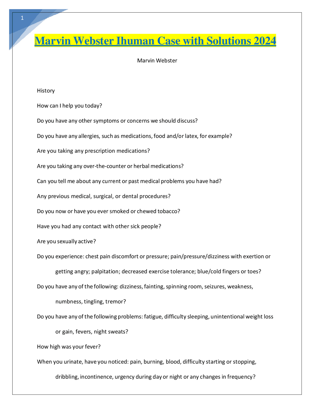 Marvin Webster Ihuman Case with Solutions 2024 | Exams Nursing | Docsity