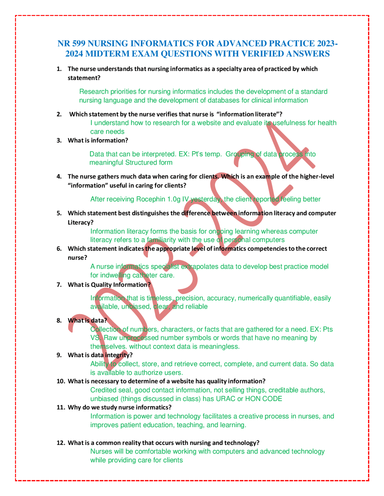 NR 599 NURSING INFORMATICS FOR ADVANCED PRACTICE 2023-2024 MIDTERM EXAM | Exams Nursing | Docsity